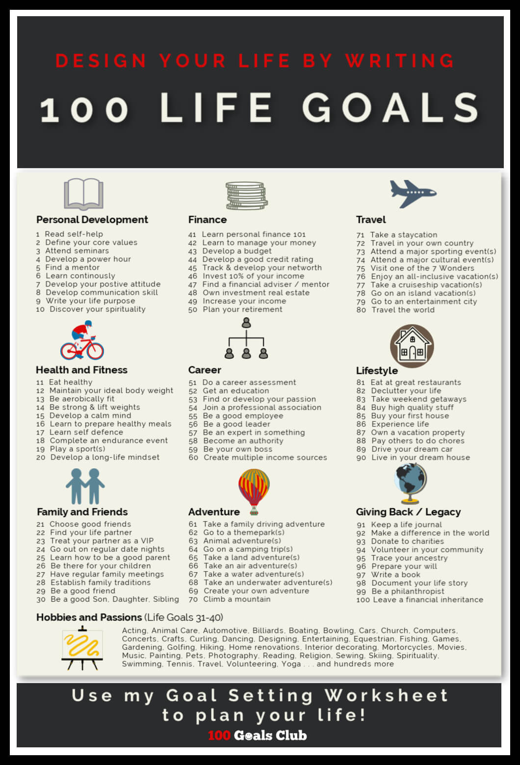 Free goal setting worksheet with 100 life goals you can set right now! Free goal setting worksheet with 100 life goals you can set right now!